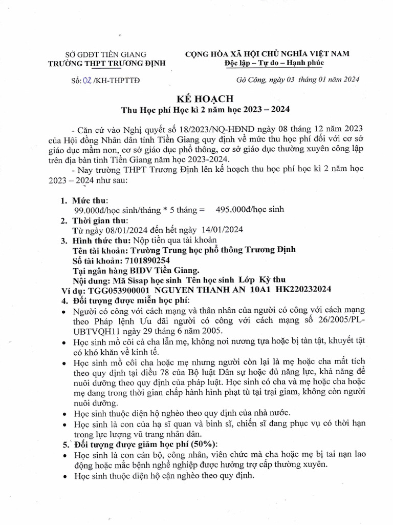 02-KH thu HP HKII năm học 2023-2024 - 20240103 - 0001 | PDF