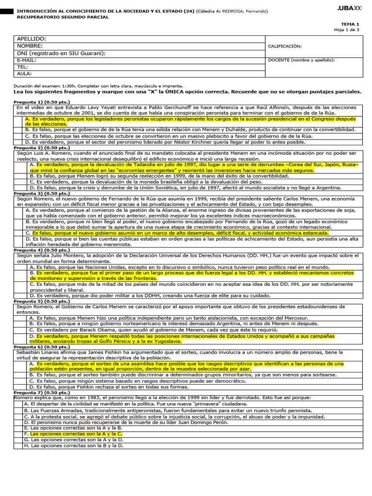 Recuperatorio de Segundo Parcial C2 23 TEMA 1 - CLAVES DE CORRECCIÓN | PDF