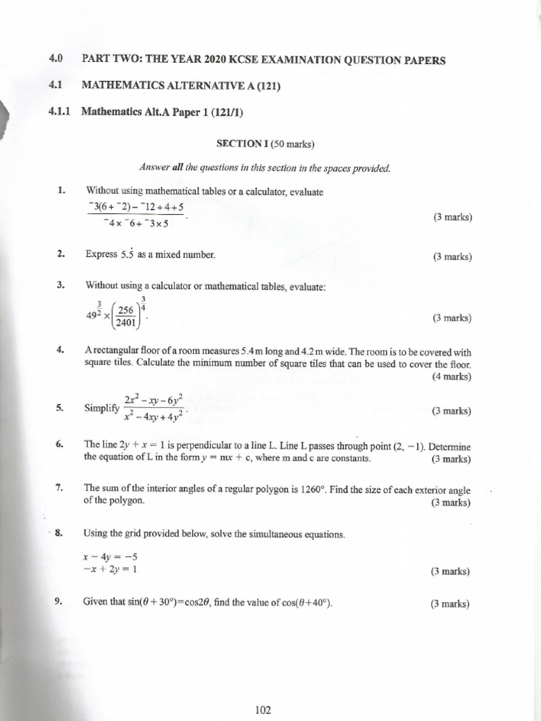 Kcse 2020 Maths Alt.a Pp1 Pp2 Questions | PDF
