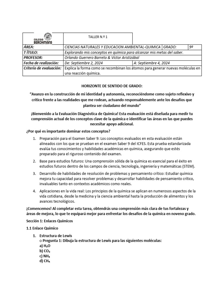 TALLER 1 DIAGNOSTICO NOVENO (Spanish Version) | PDF