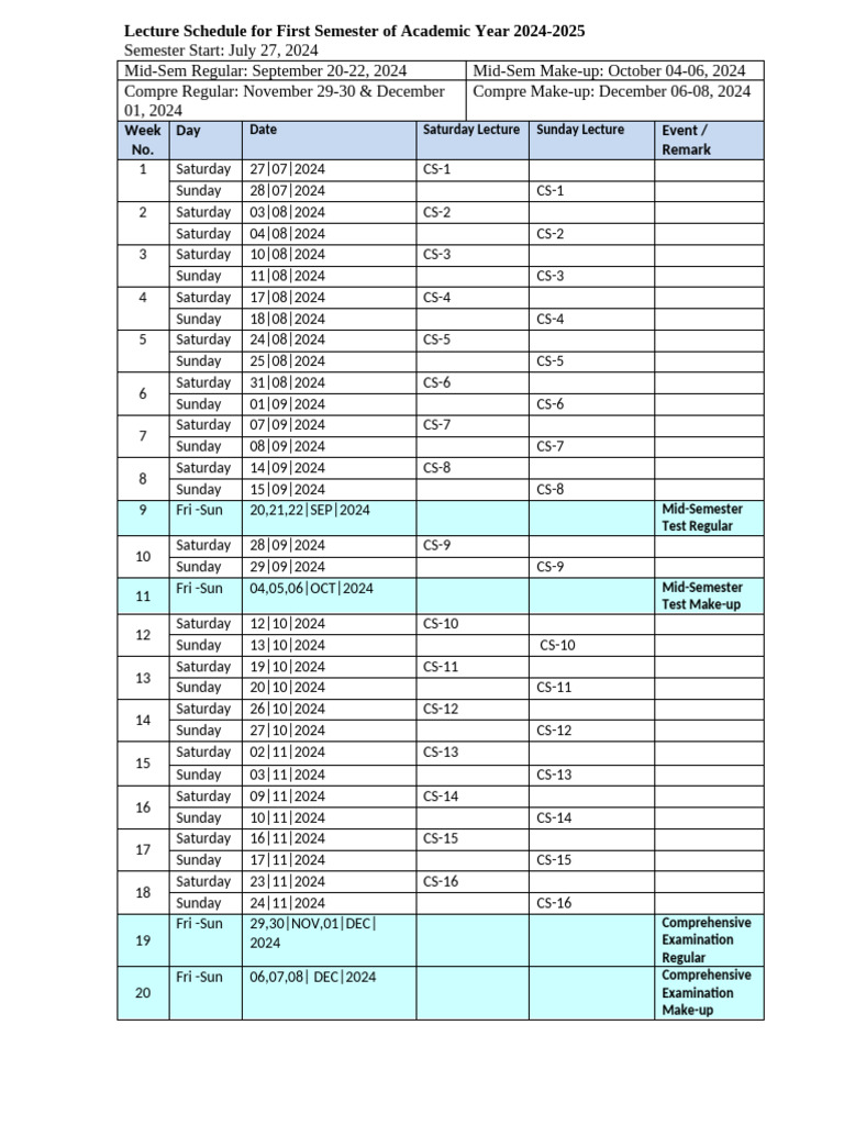 Semester Calendar For First Semester 2024-2025 - Start Date - 27TH July ...