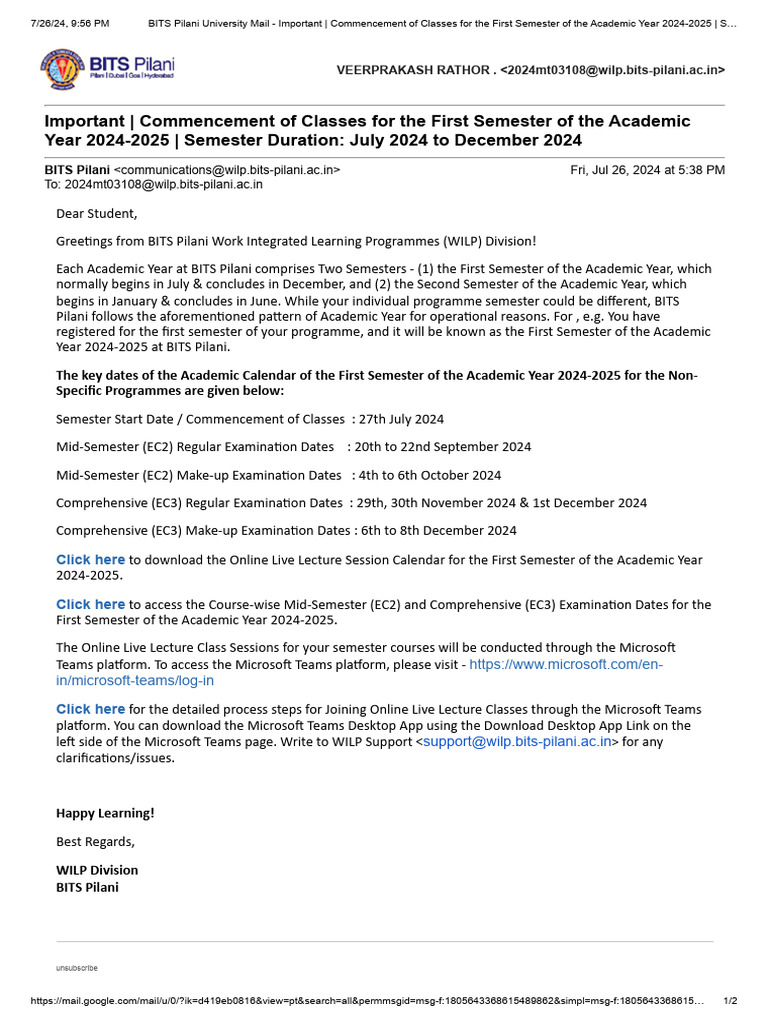 Important - Commencement of Classes For The First Semester of The ...