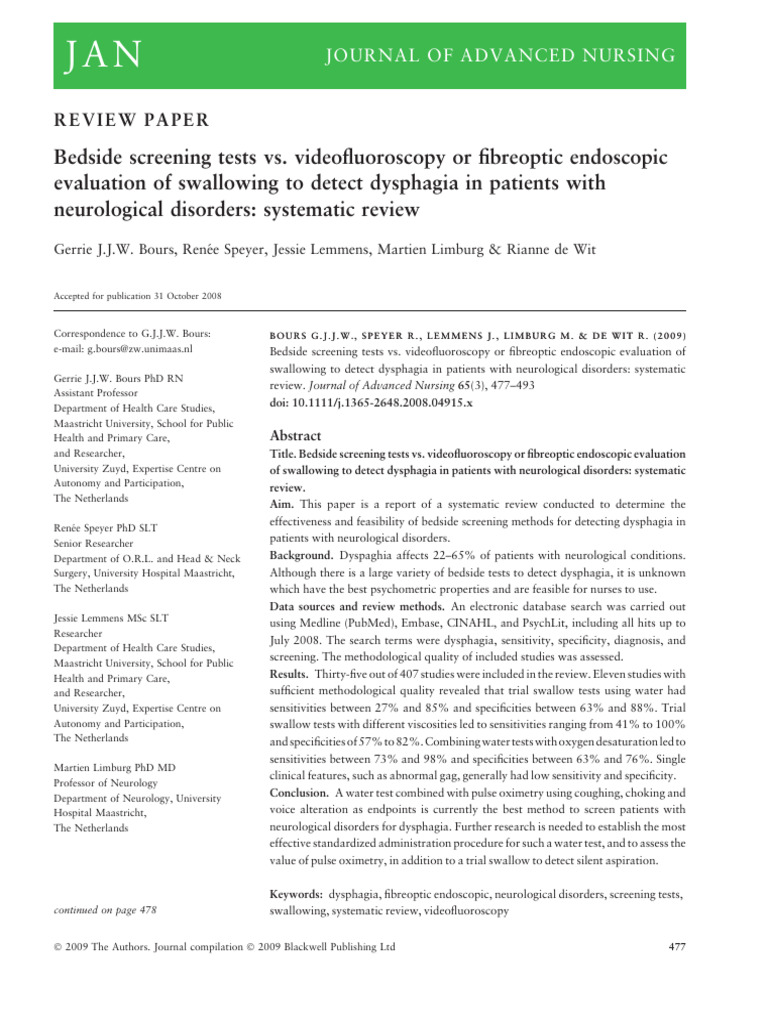 2008 Bours - Bedside Screening Tests Vs Videofluoroscopy or Fibreoptic ...