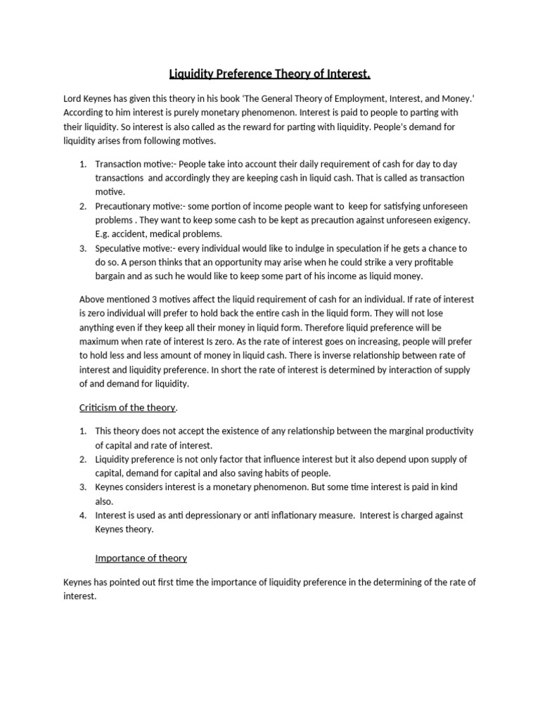 Liquidity Preference Theory of Interest. | PDF