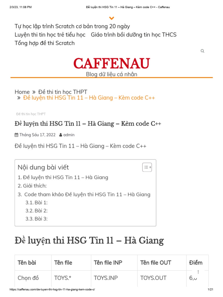Đề luyện thi HSG Tin 11 - Hà Giang - Kèm code C++ - Caffenau | PDF