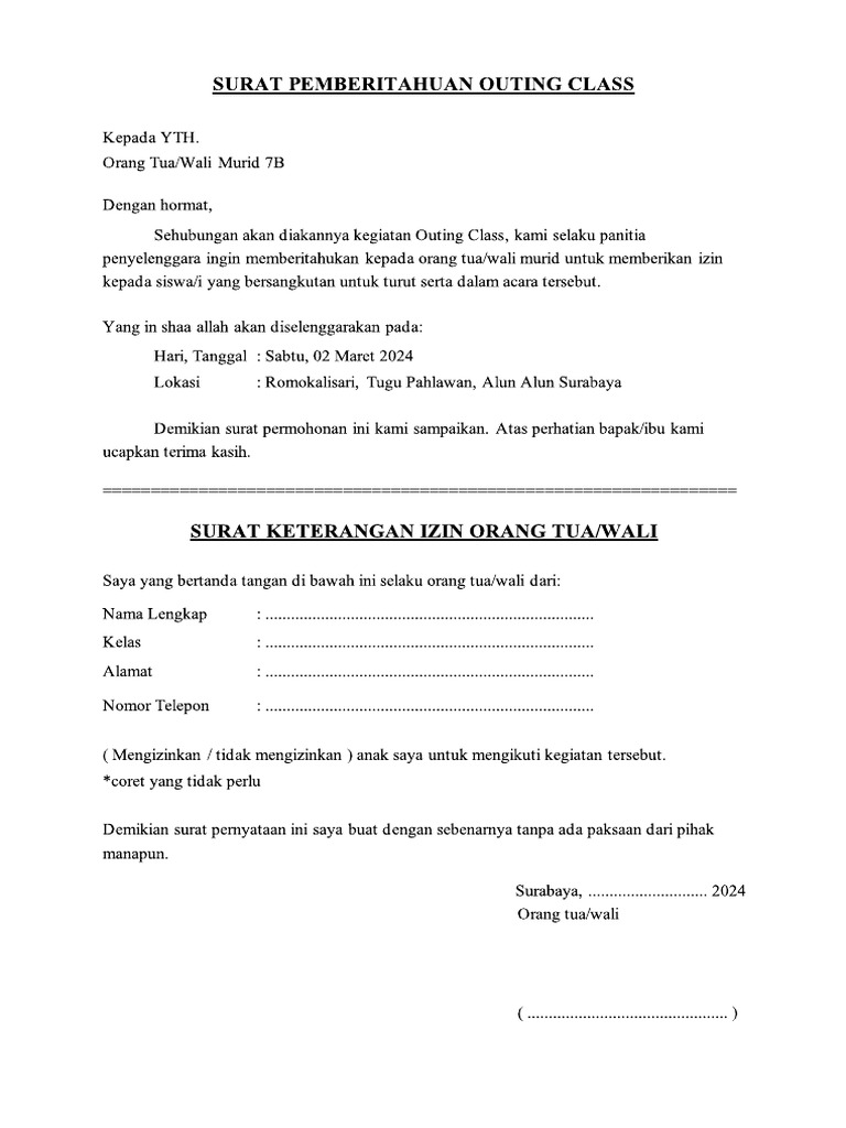 Surat Izin Outing Class 7b | PDF