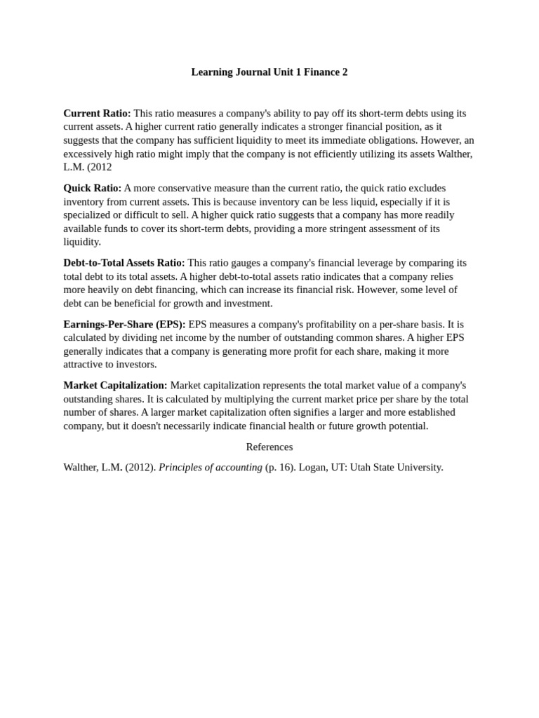 Learning Journal Unit 1 Finance 2 | PDF