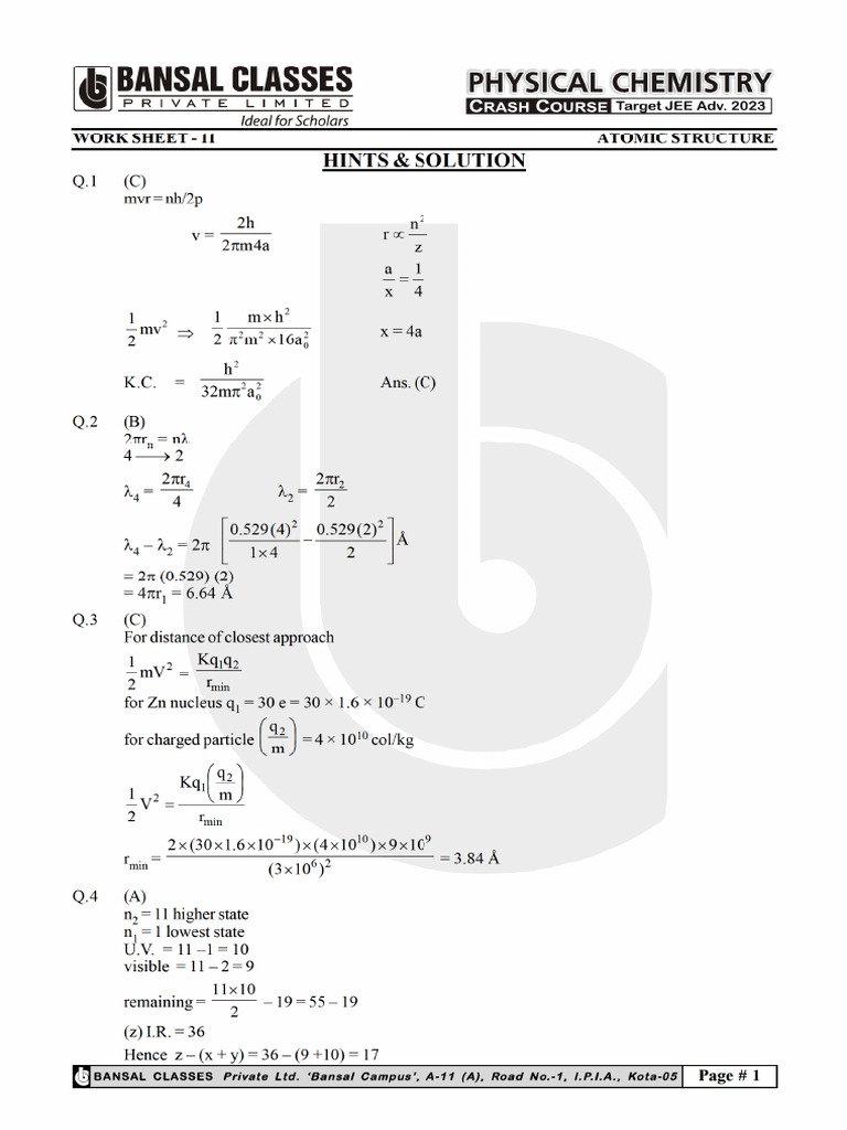 PC - WS-11 - Atomic Structure - Sol | PDF