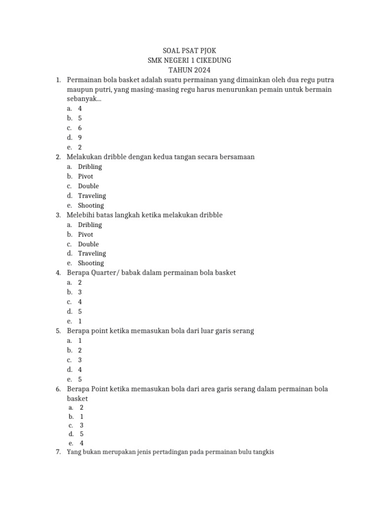 Soal Psat Pjok Kelas Xi 2024 | PDF