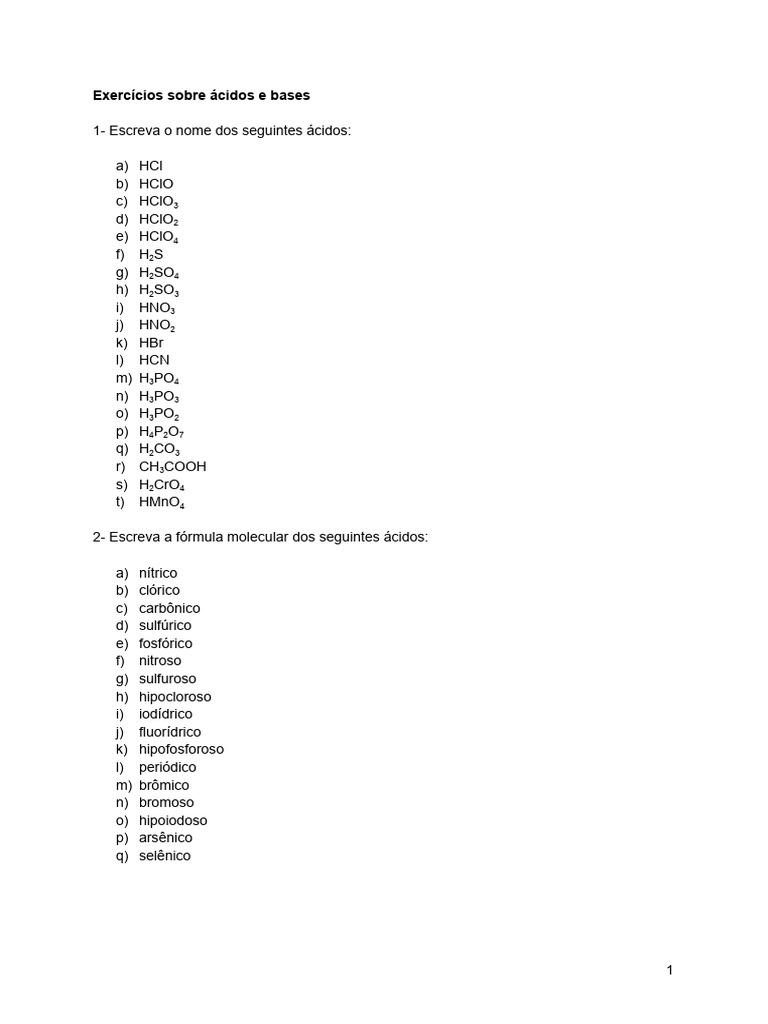 Exercícios Sobre Ácidos e Bases | PDF
