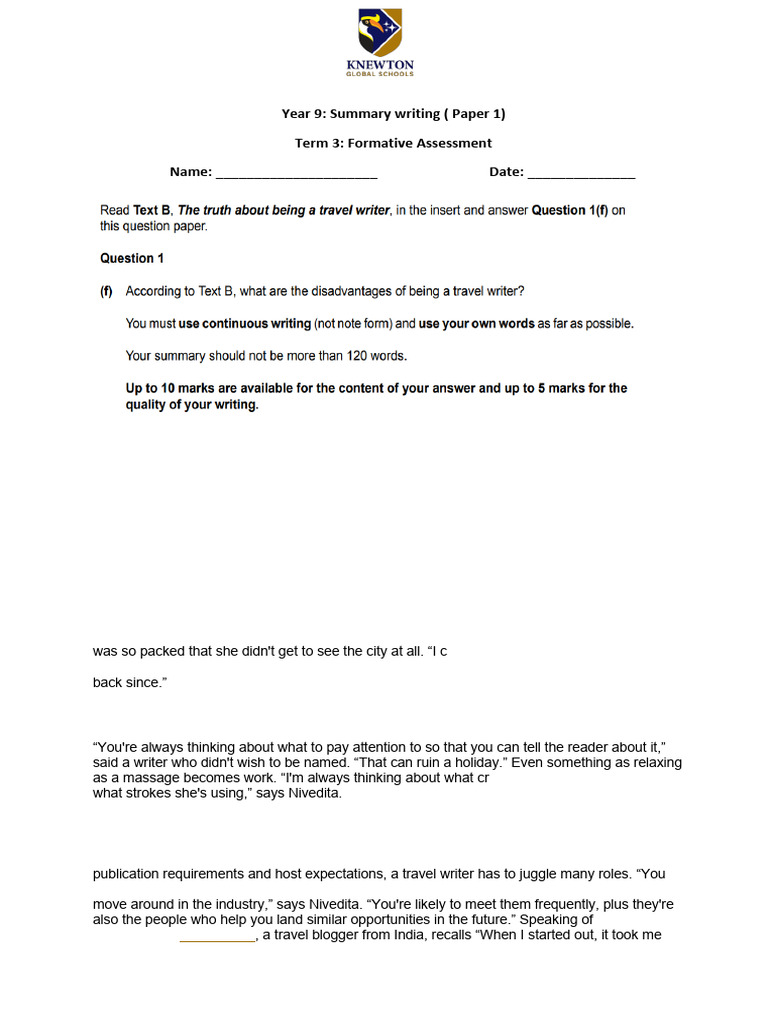 Writing a Summary test | PDF