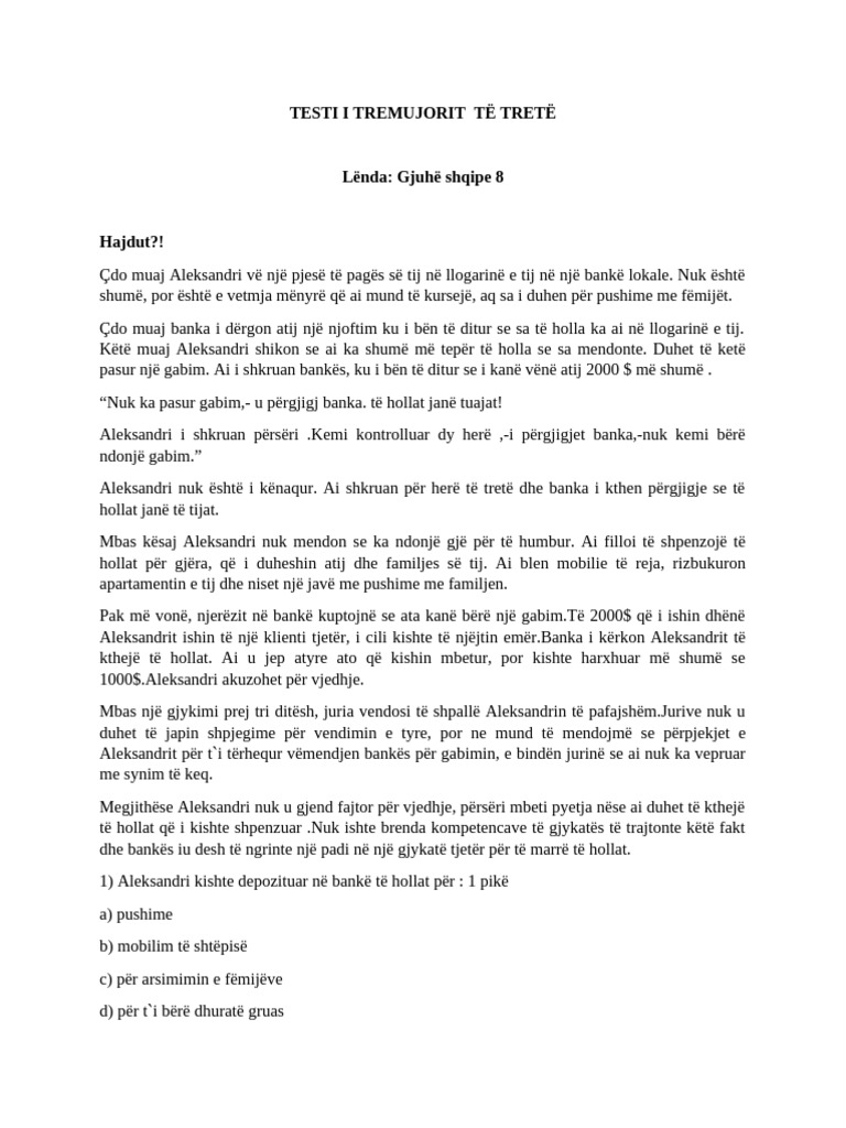 Gjuha Shqipe 8 - Test 3 | PDF