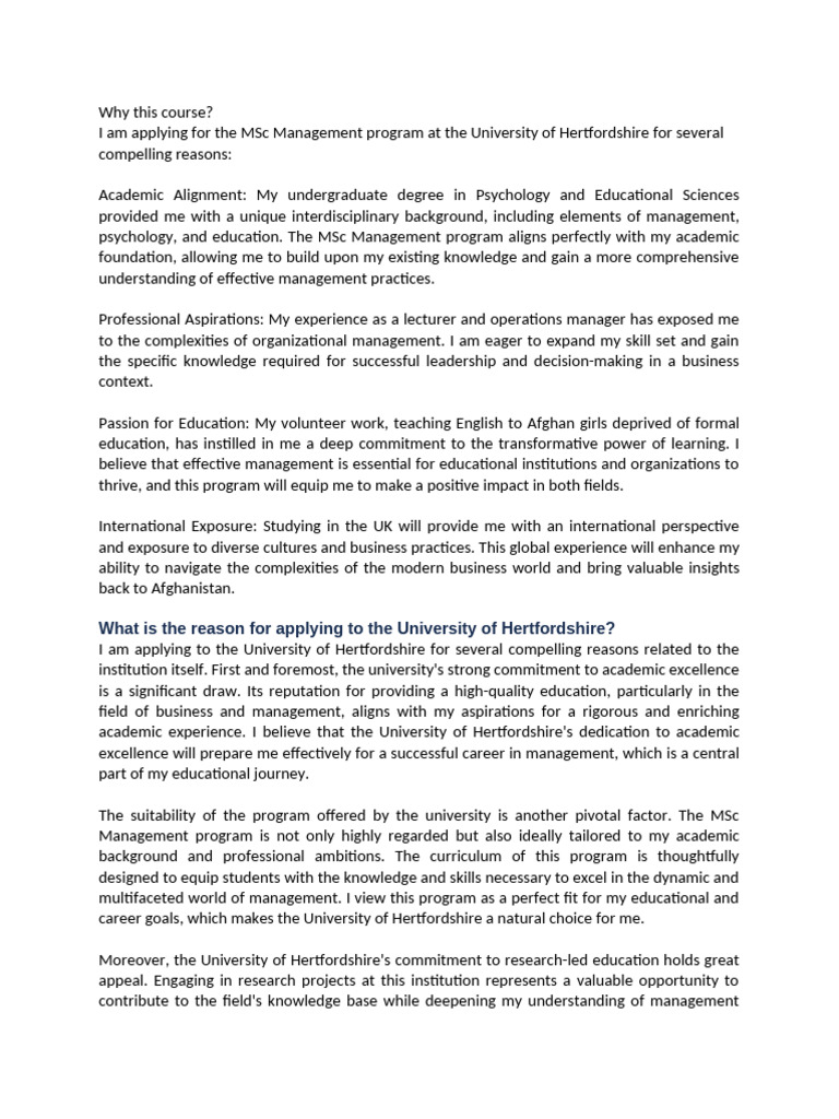 Hertfordshire Personal Statement Questions | PDF