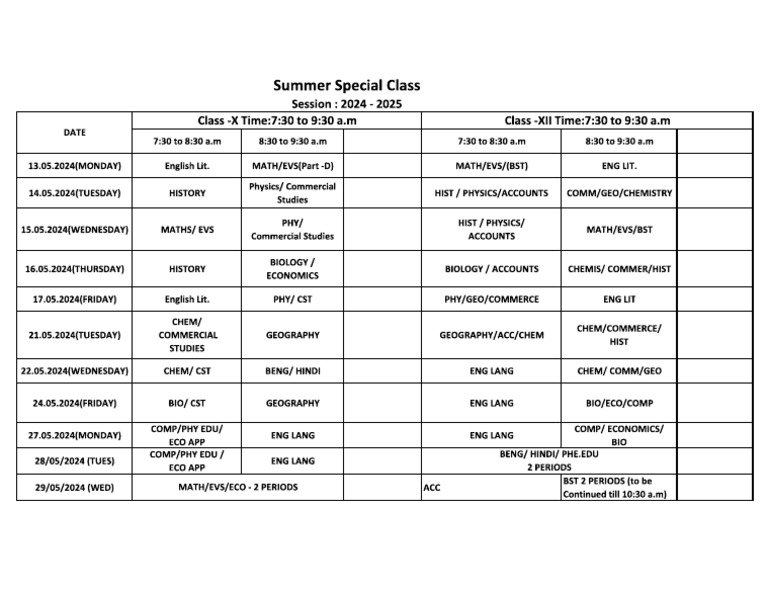 Summer Special Class Routine | PDF