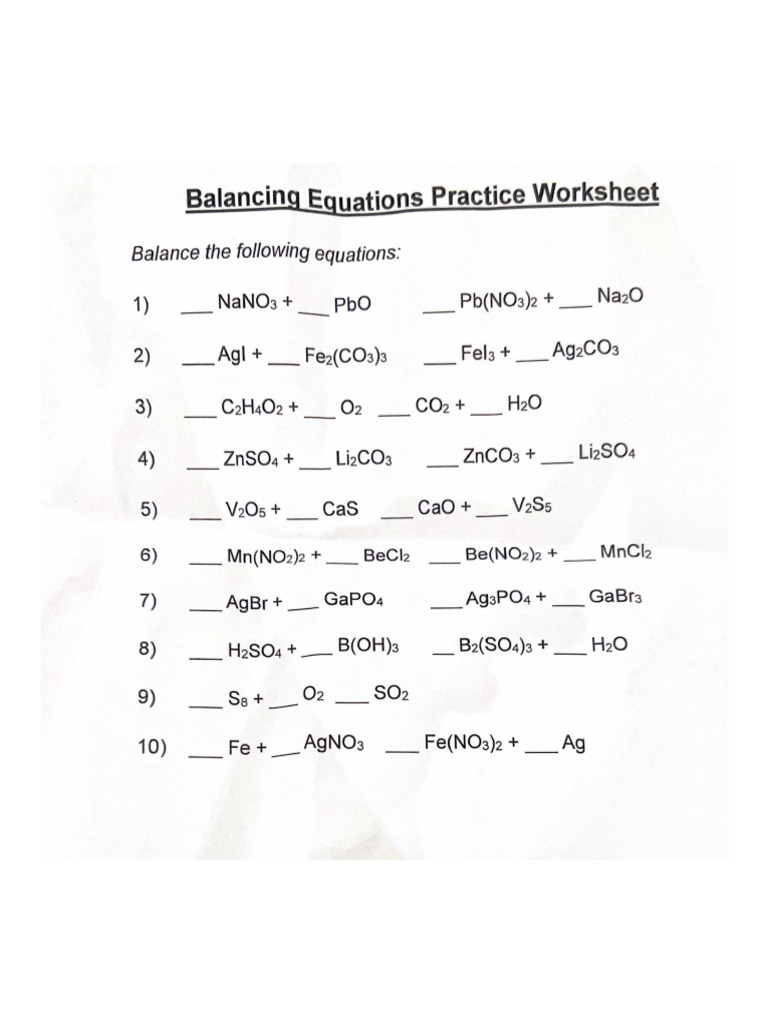 Balancing Equations Practice Worksheet | PDF