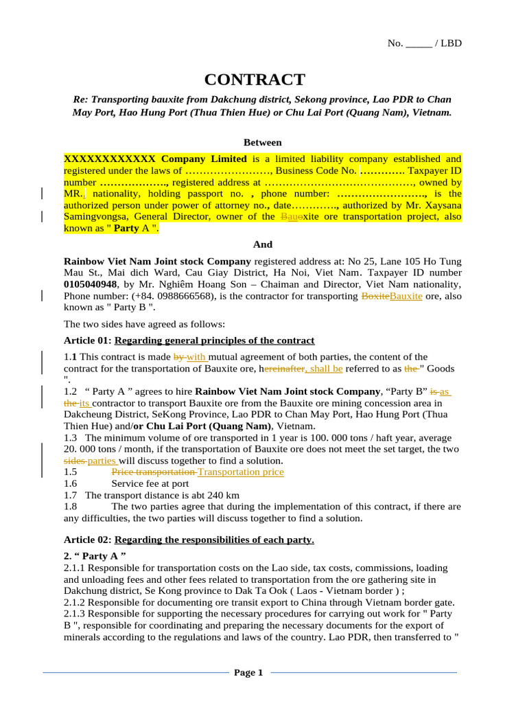 Draft Contract Transit Bauxite (Edited) | PDF