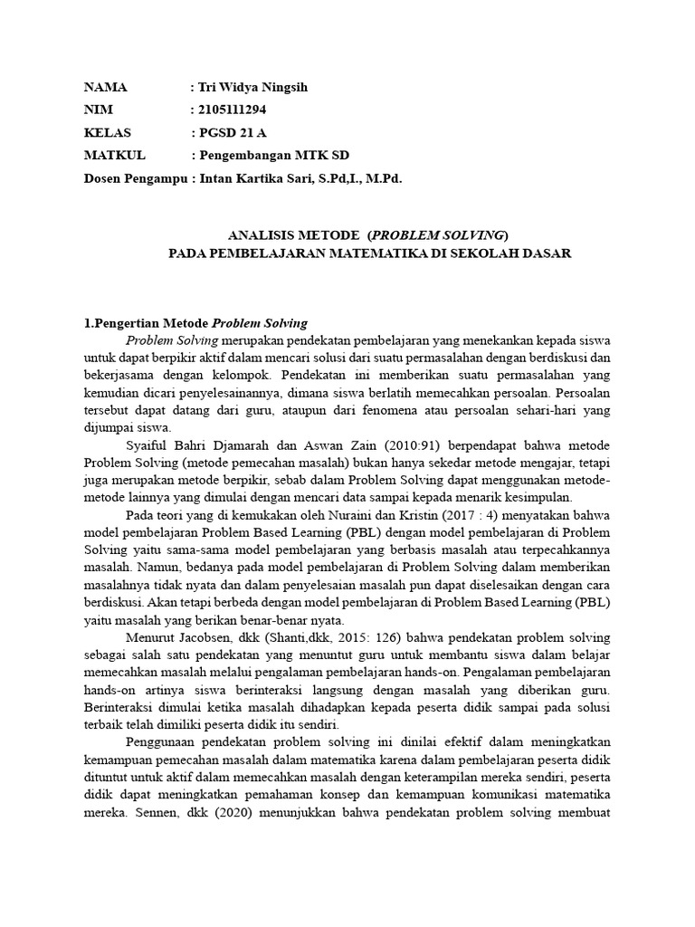 ANALISIS ARTIKEL MODEL PEMB - MTK SD - Tri Widya Ningsih 2105111294 | PDF