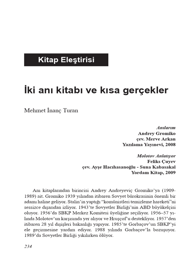 Mehmet Inanc Turan Iki Ani Ve Kisa Gercekler | PDF