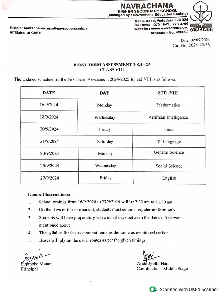 Class 8 Revised Datesheet | PDF