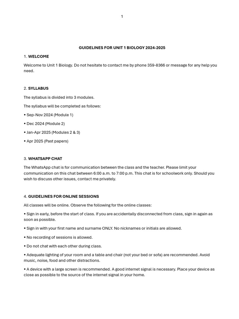 Guidelines for Unit 1 Biology 2024 2025 | PDF