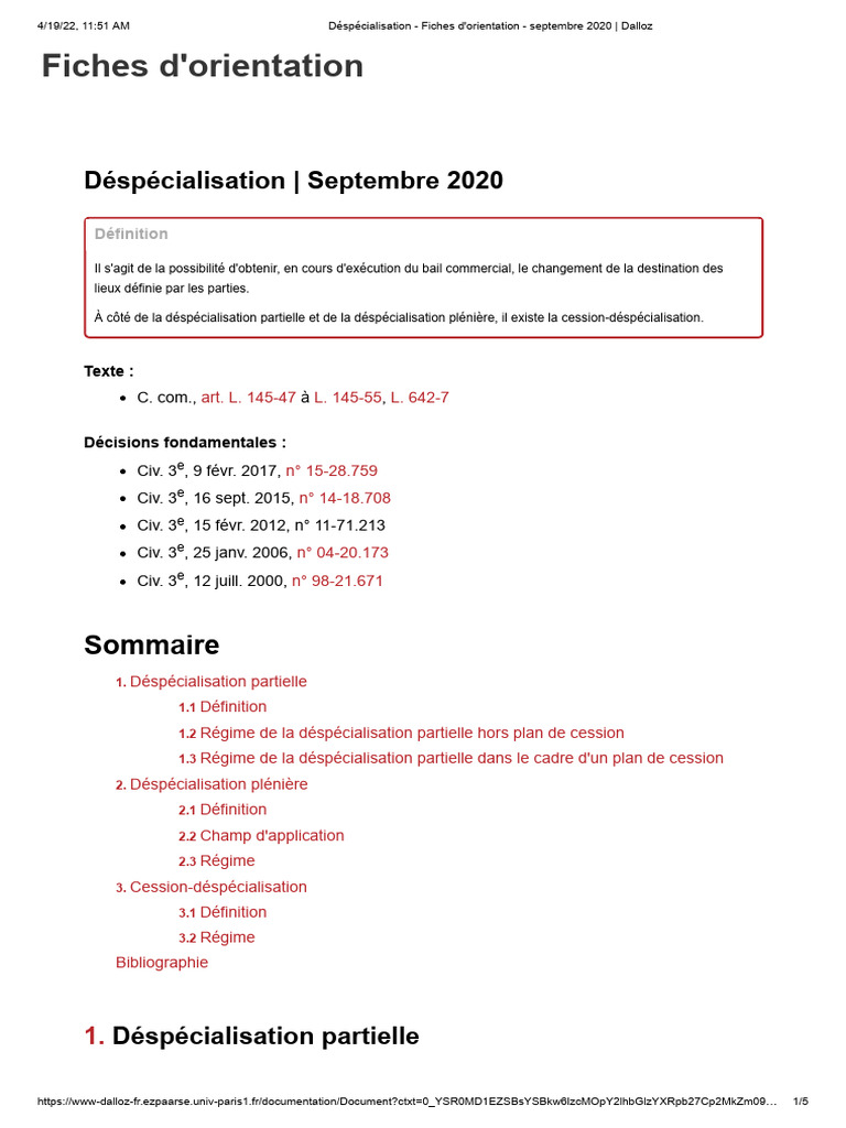 Déspécialisation - Fiches D'orientation - Septembre 2020 - Dalloz | PDF