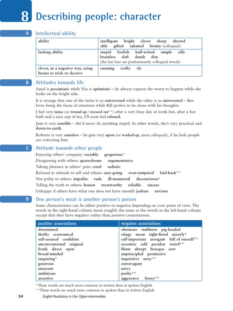 English Vocabulary - Unit-1-Character-Upper | PDF