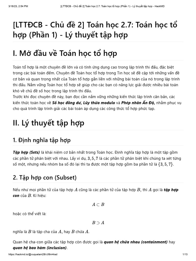 (LTTĐCB - Chủ đề 2) Toán học 2.7 - Toán học tổ hợp (Phần 1) - Lý thuyết tập hợp - HackMD | PDF