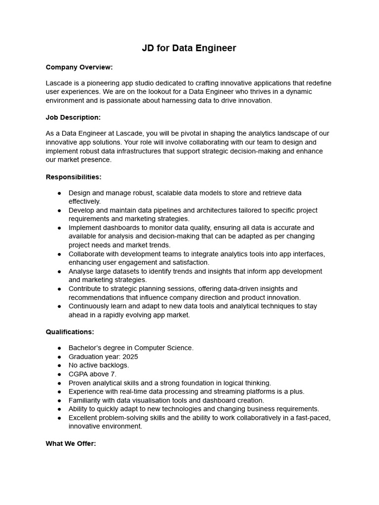 JD For Data Engineer | PDF