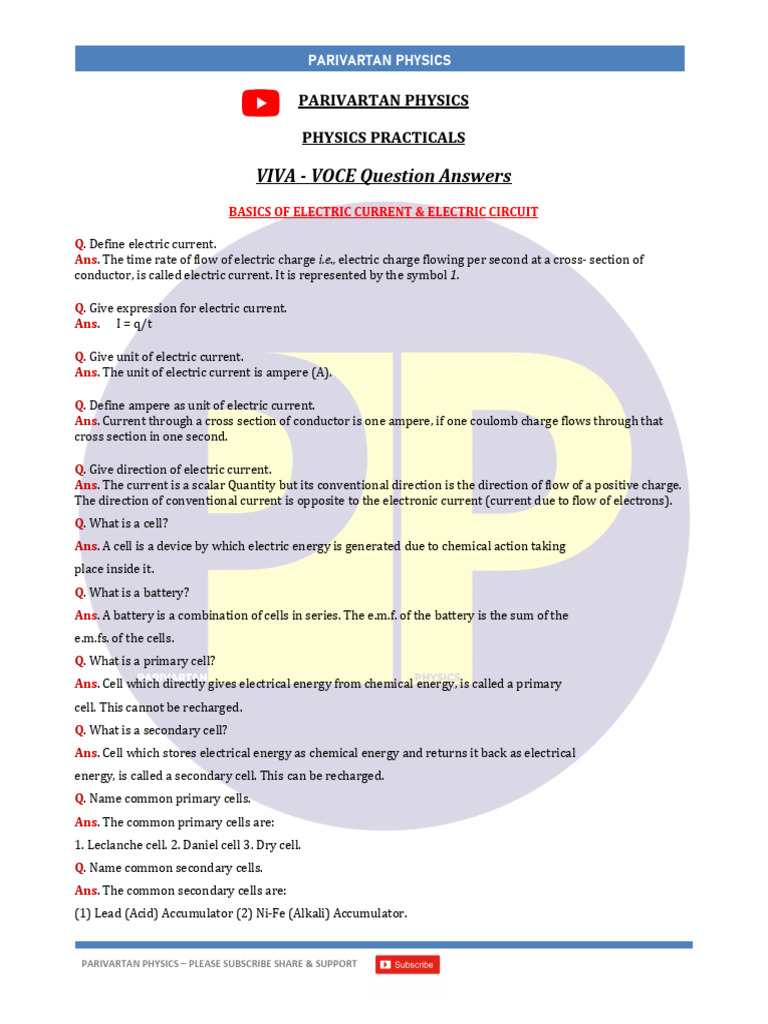 Physics VIVA Question Answers PARIVARTAN PHYSICS | PDF