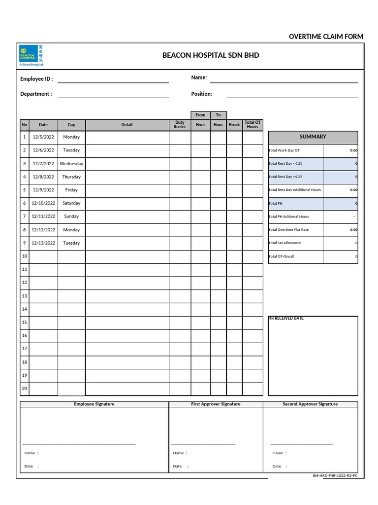 BH HRD F48 1222 R3 PC Overtime Claim Form 141222 | PDF