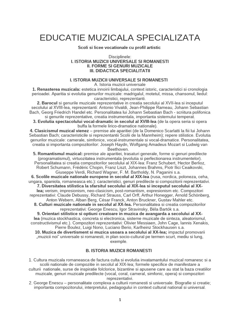 EDUCATIE MUZICALA SPECIALIZATA Programa Titularizare | PDF