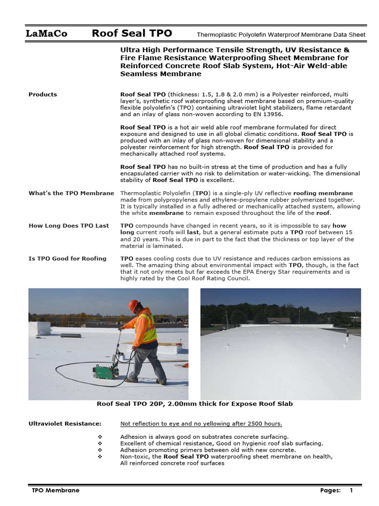 Roof Seal TPO Waterproofing Membrane | PDF