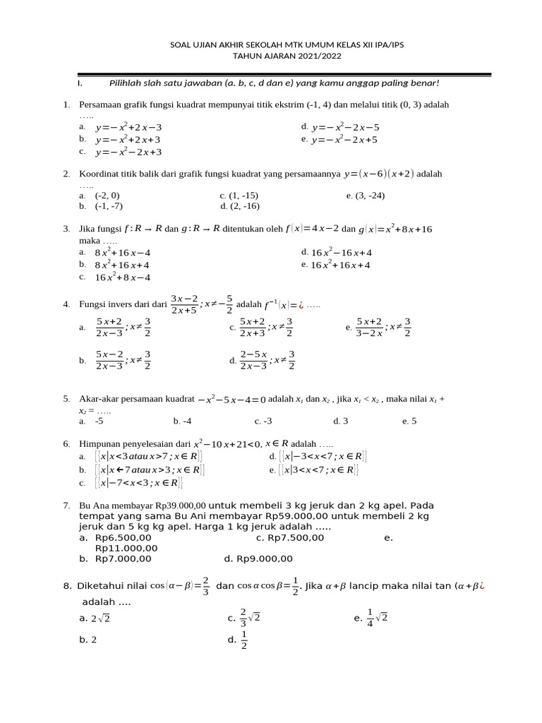 SOAL UJIAN AKHIR SEKOLAH MTK UMUM KELAS XII IPA (AutoRecovered) | PDF