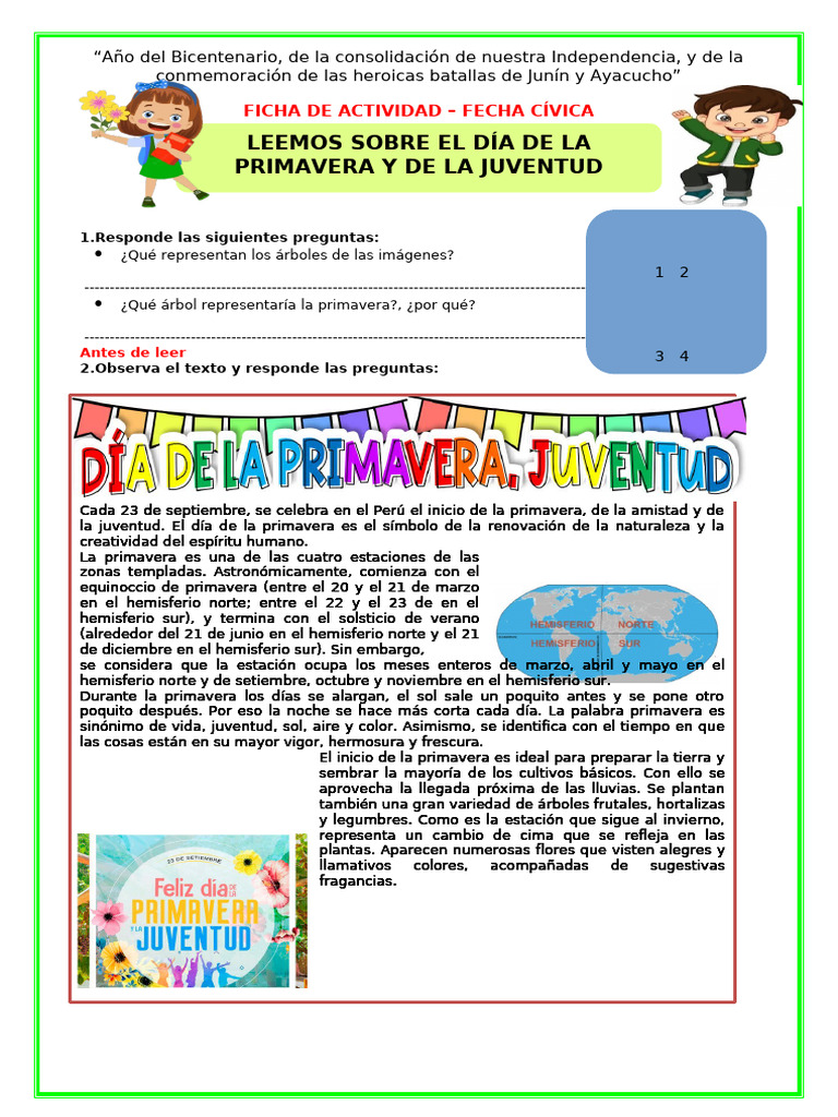 Ficha-Fecha Cívica-Leemos Sobre El Día de La Primavera y La Juventud ...