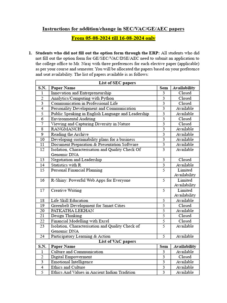 Instructions for addition or change in SEC_VAC_GE_AEC papers for Sem-3 and Sem-5 students | PDF