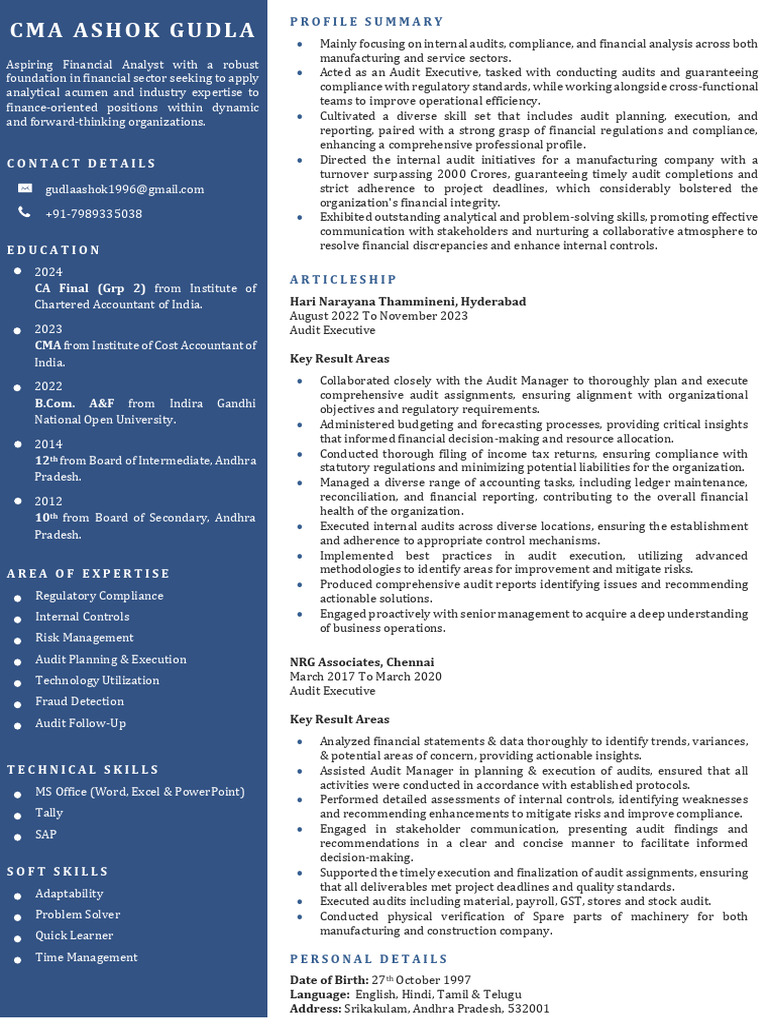 Ca Cma Ashok Resume | PDF