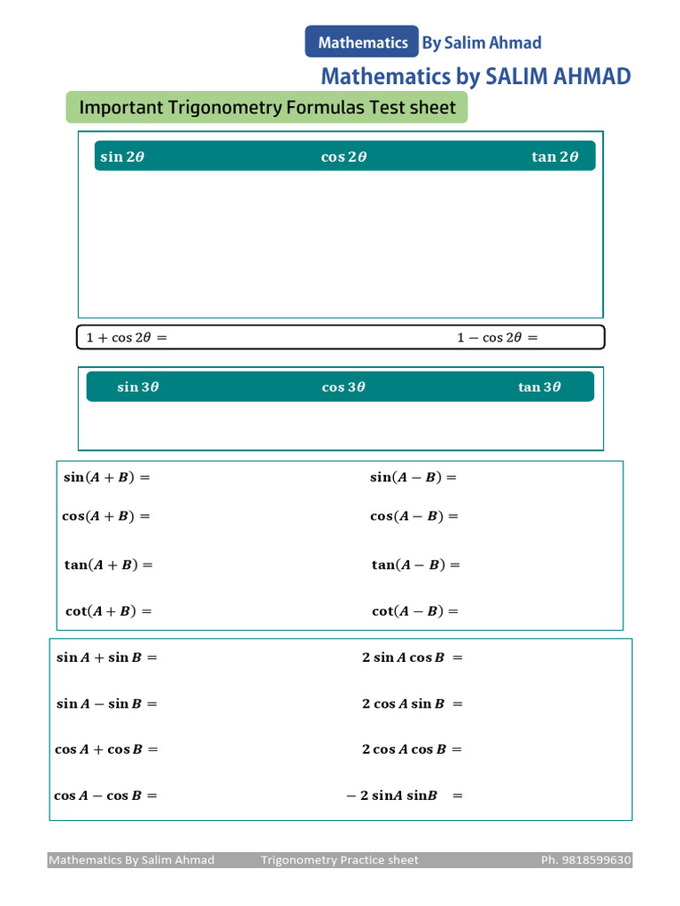 Trigonometry Formulas for Class 10 | PDF | Functions And Mappings | Angle