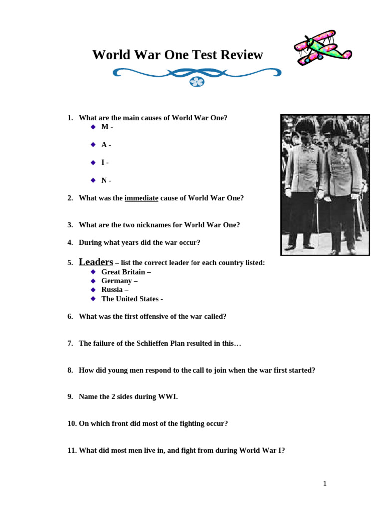 World War One Test Review | PDF | World War I | Foreign Relations Of ...
