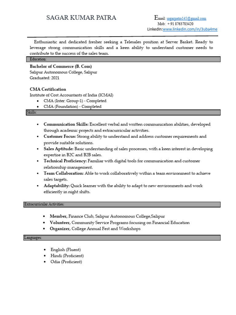Telesales CV For Server Basket | PDF