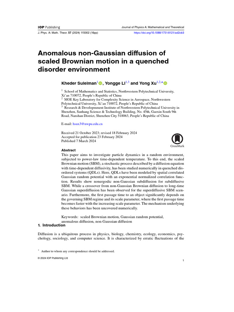 Anomalous Non-Gaussian Diffusion of Scaled Brownia | PDF | Brownian Motion | Diffusion