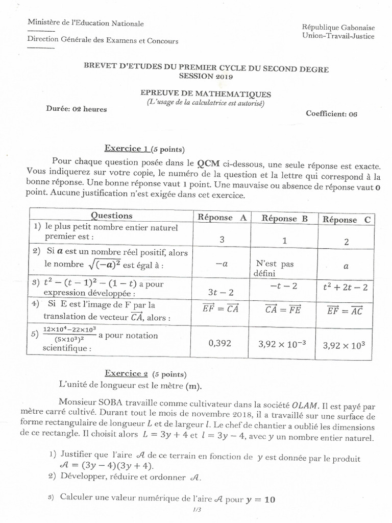 Bepc 2019 Maths | PDF