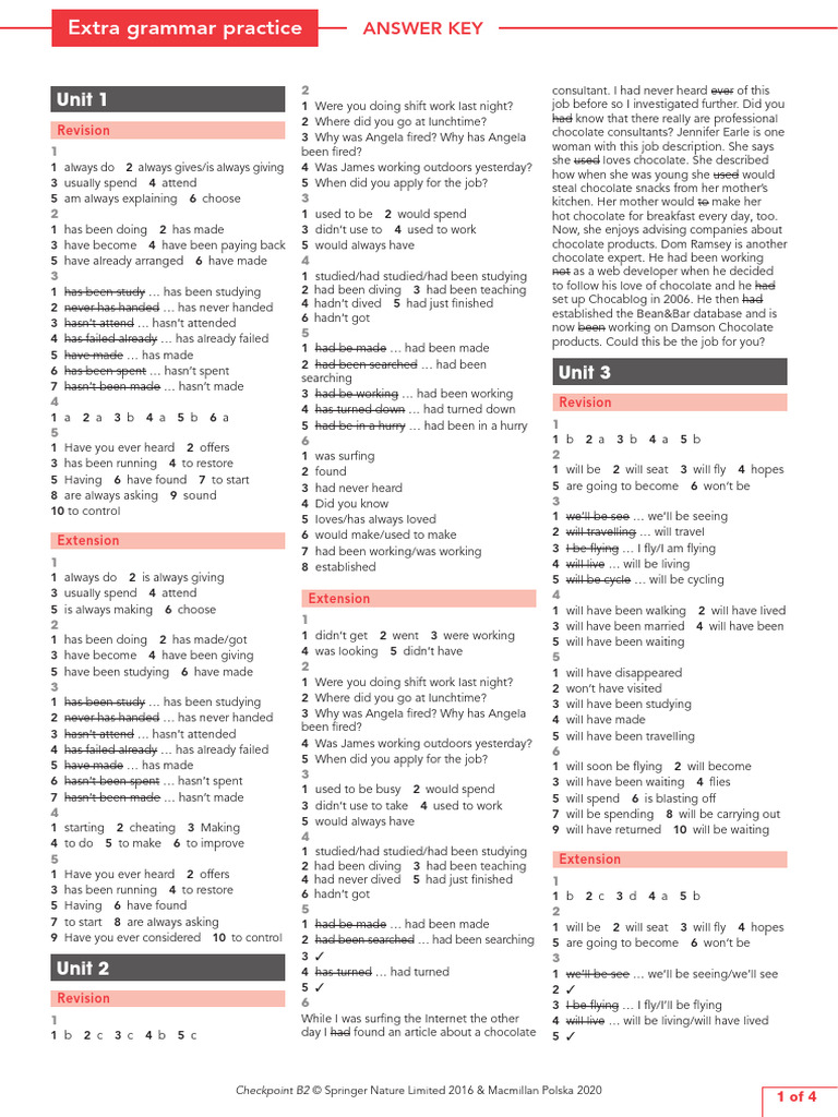 Checkpoint - B2 - TRC - Extra Grammar Practice Worksheets Answer Key | PDF