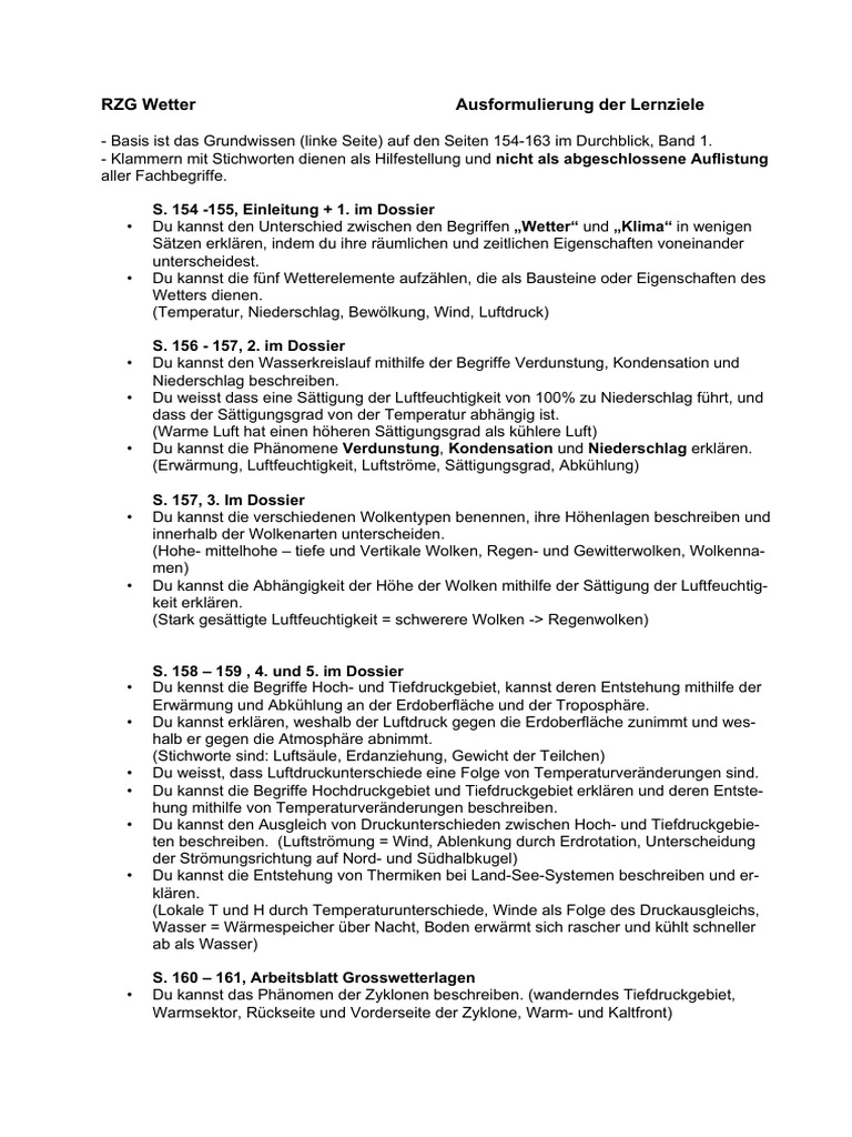 RZG Ausformulierte Lernziele Wetter 2 | PDF