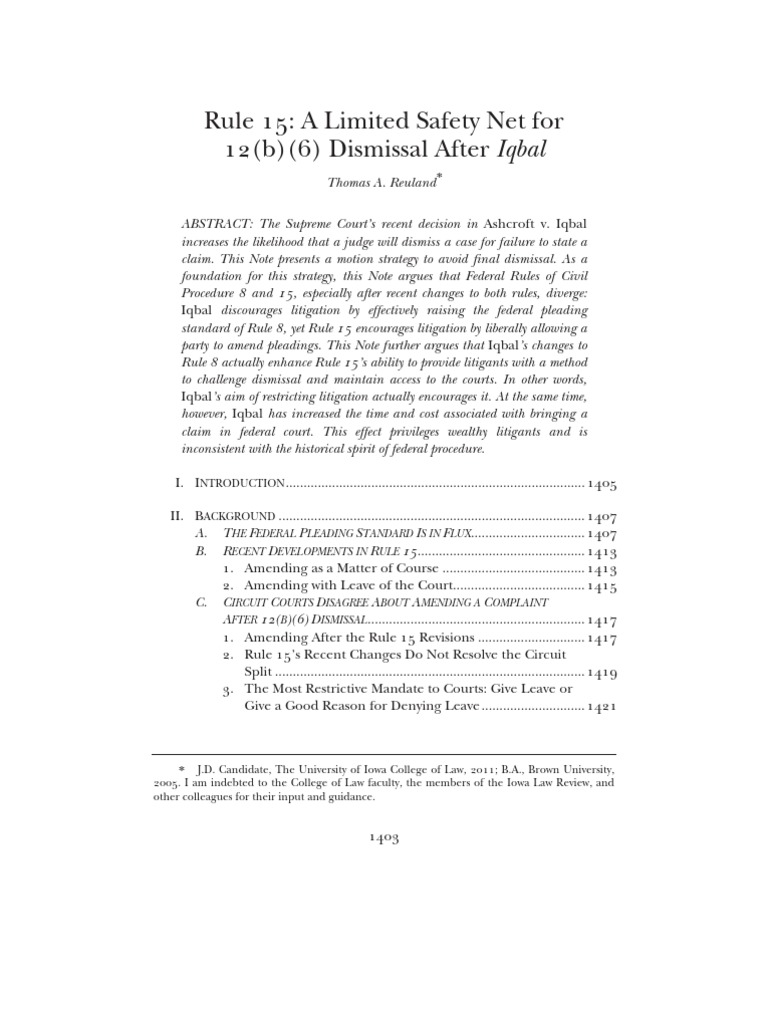 Rule 15 A Limited Safety Net For 12b6 After Iqbal ILR96 4 Reuland | PDF ...