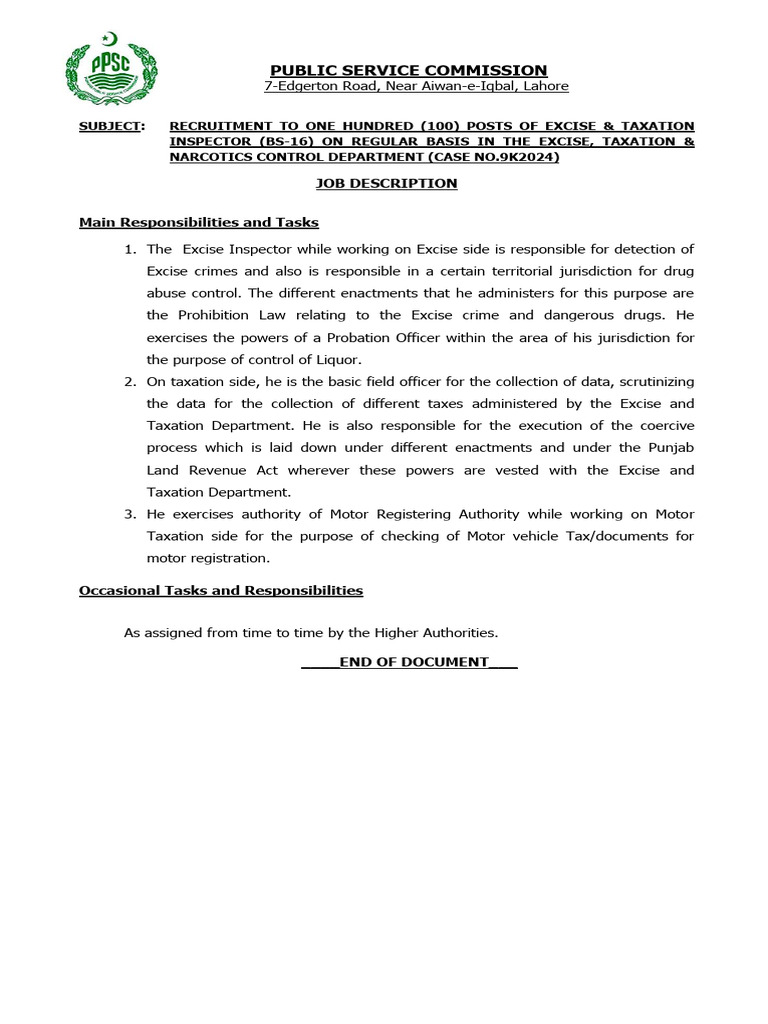 Job Description Excise Inspector Punjab | PDF