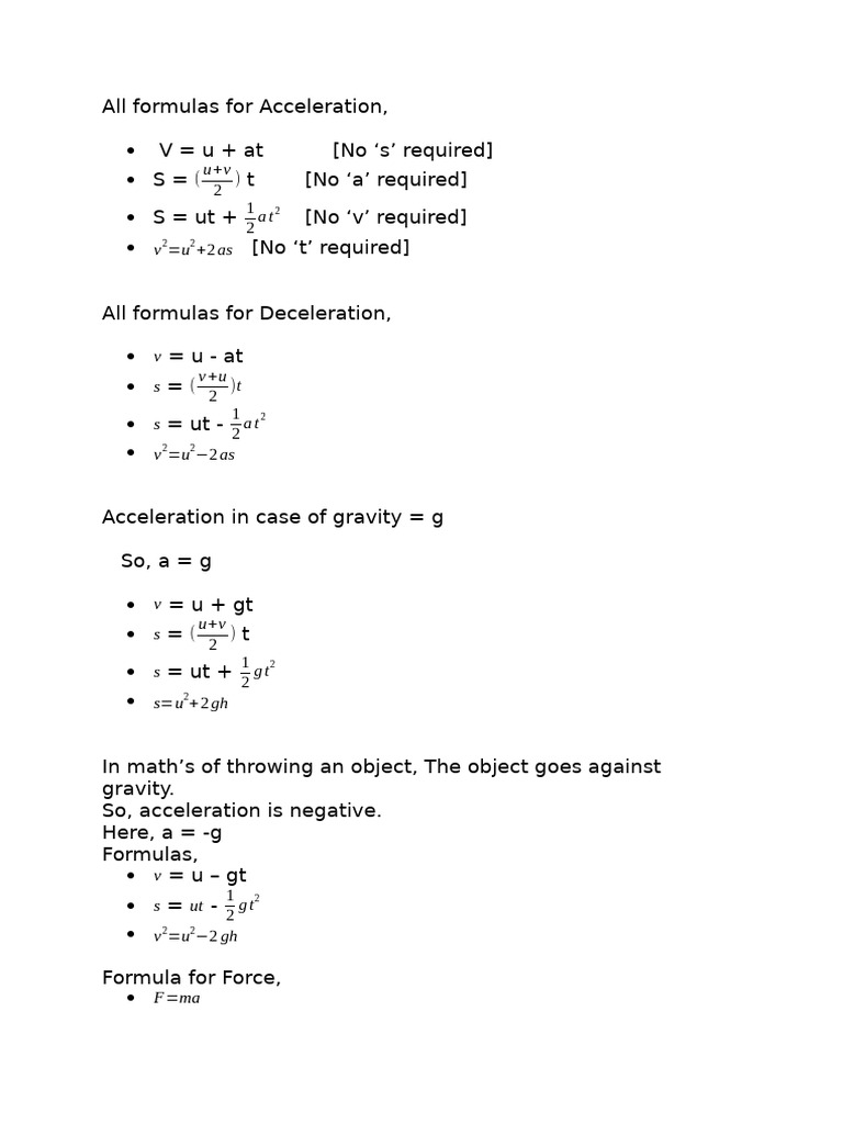 All Formulas For Acceleration | PDF | Force | Acceleration