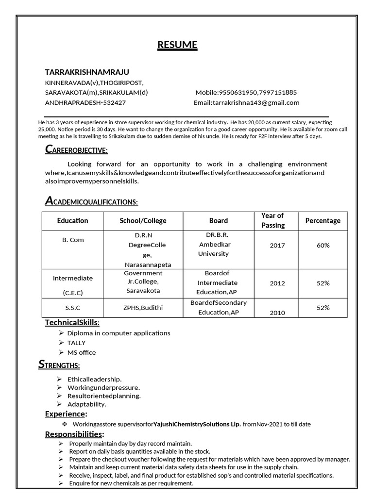 TK - Store Incharge-Krishnamraju | PDF