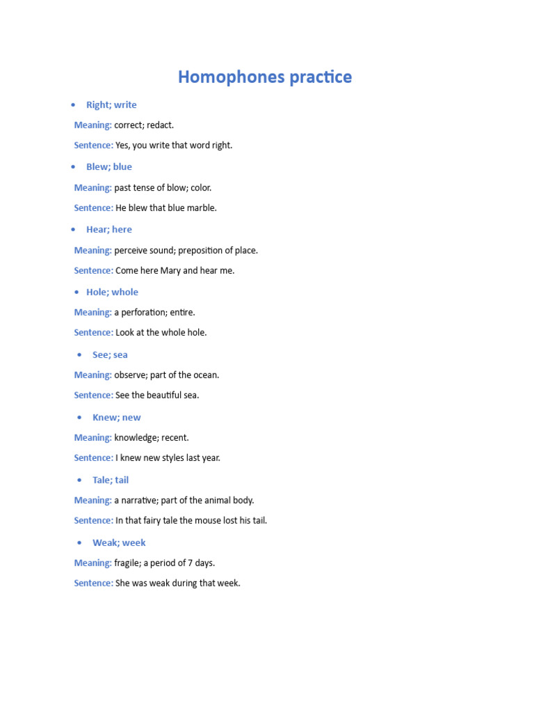 Homophones List | PDF