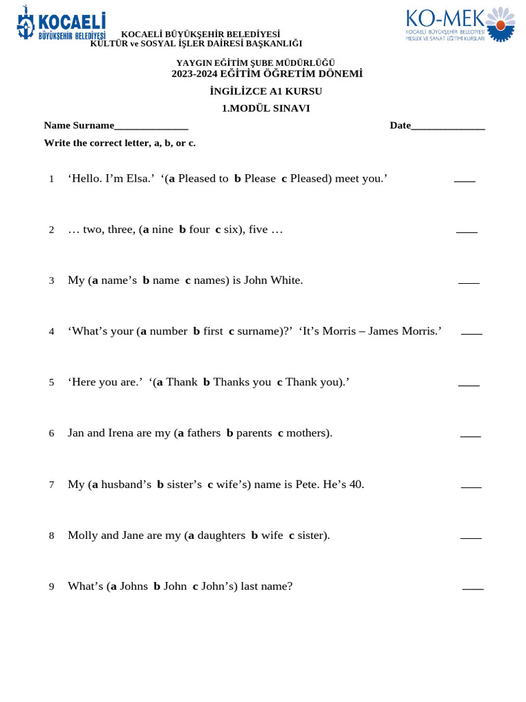 A1 1. Modül Sinav | PDF