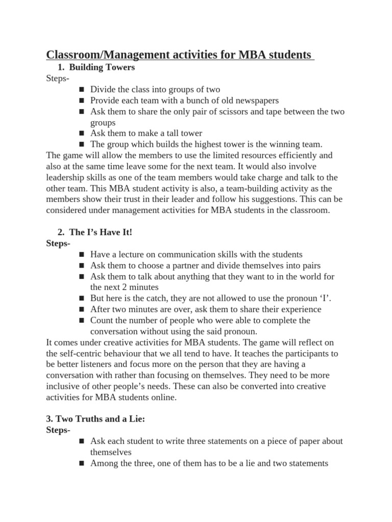 Classroom activities for MBA | PDF